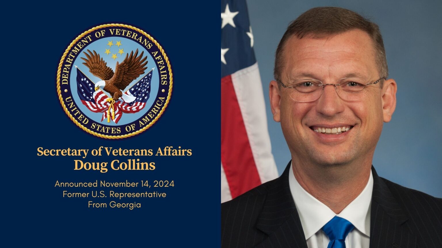当选总统唐纳德·特朗普提名前国会议员道格·柯林斯（Doug Collins）为美国退伍军人事务部长